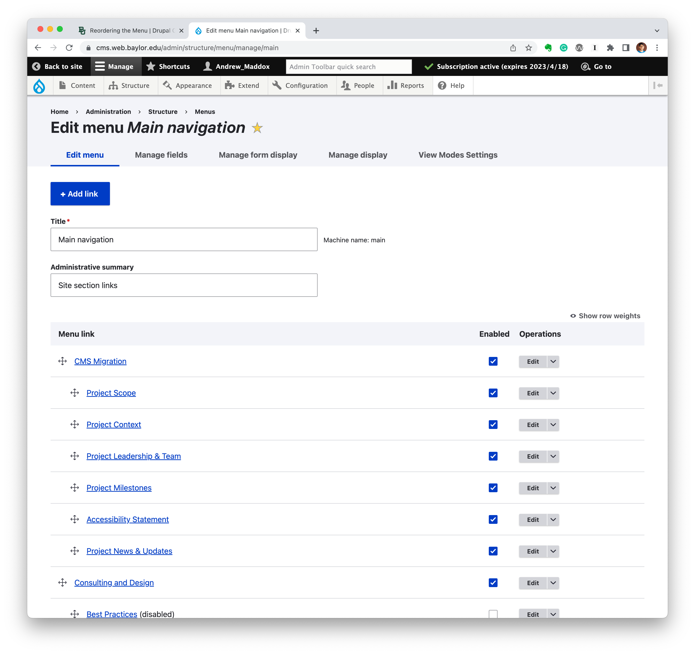 Reordering the Menu | Drupal Content Management System (CMS) | Baylor University